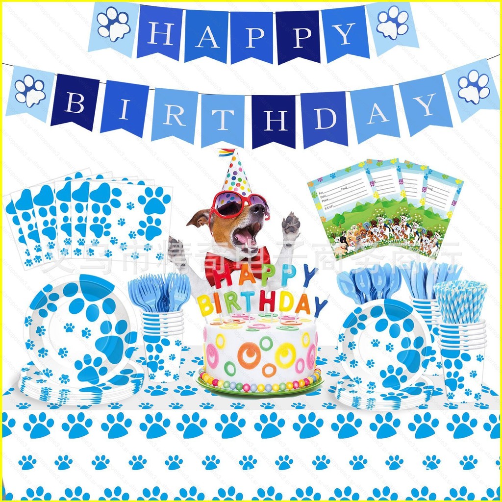 【Ellen】 Blue pet dog paw prints cat paw prints theme birthday party ...