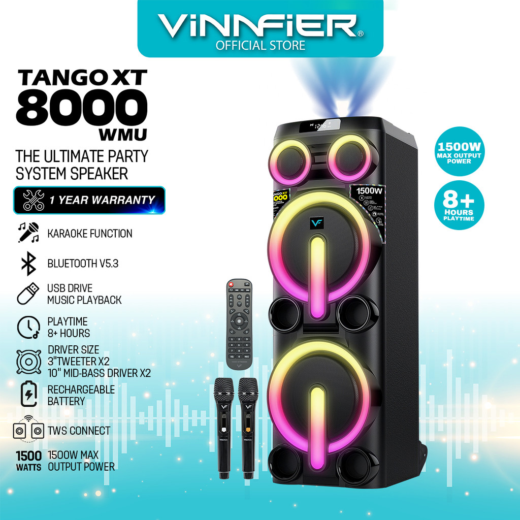 Vinnfier Tango XT8000 WMU 1500W MAX 14000mAh Potable Bluetooth Partybox ...