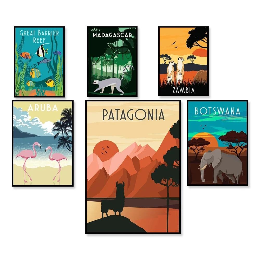 World Travel Posters Caribbean Aruba Botswana Zambia Great Barrier Reef ...