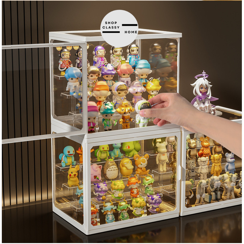 Shopclassyhome Glass Popmart Display box Storage Box with led light for ...