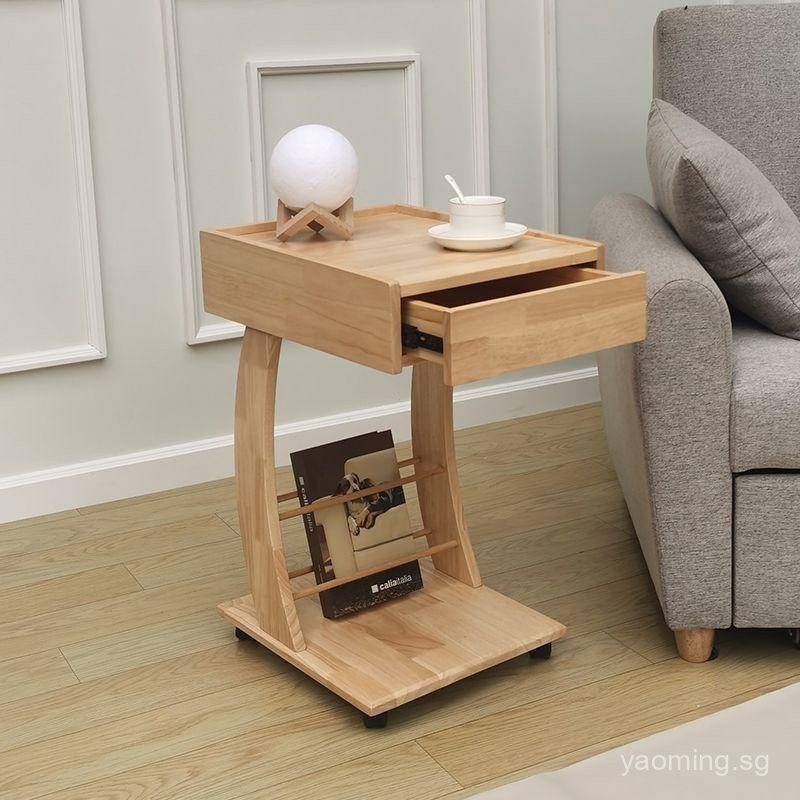 Solid wood sofa side table cabinet movable table mini coffee table with ...