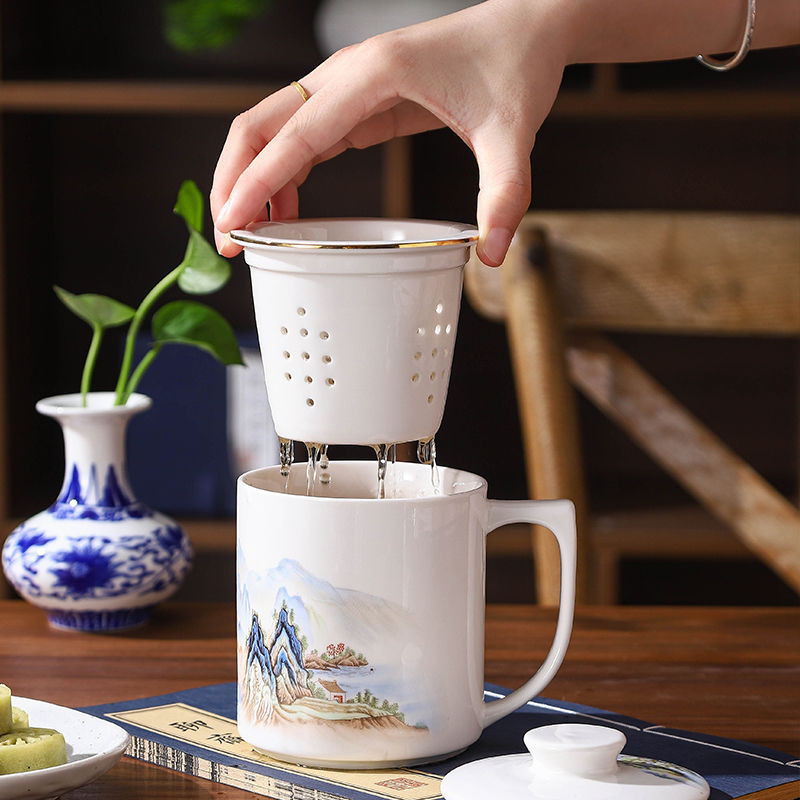 Chinese Ceramic Tea Cup with Lid Tea Separator Cup Office Conference ...