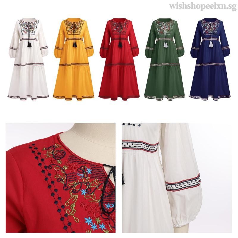 [Ready To Ship] Bohemian Long Sleeve Dress Flower Embroidery Loose ...