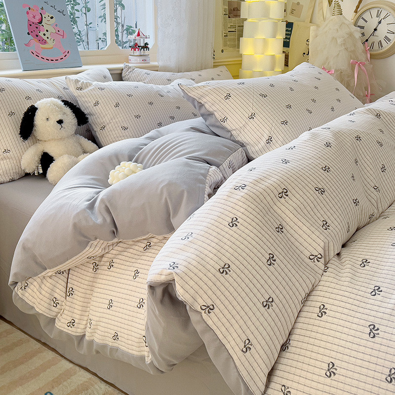 4 IN 1 Knitted Cotton Double Layer Yarn Bed Sheet Set Simple Bowknot ...