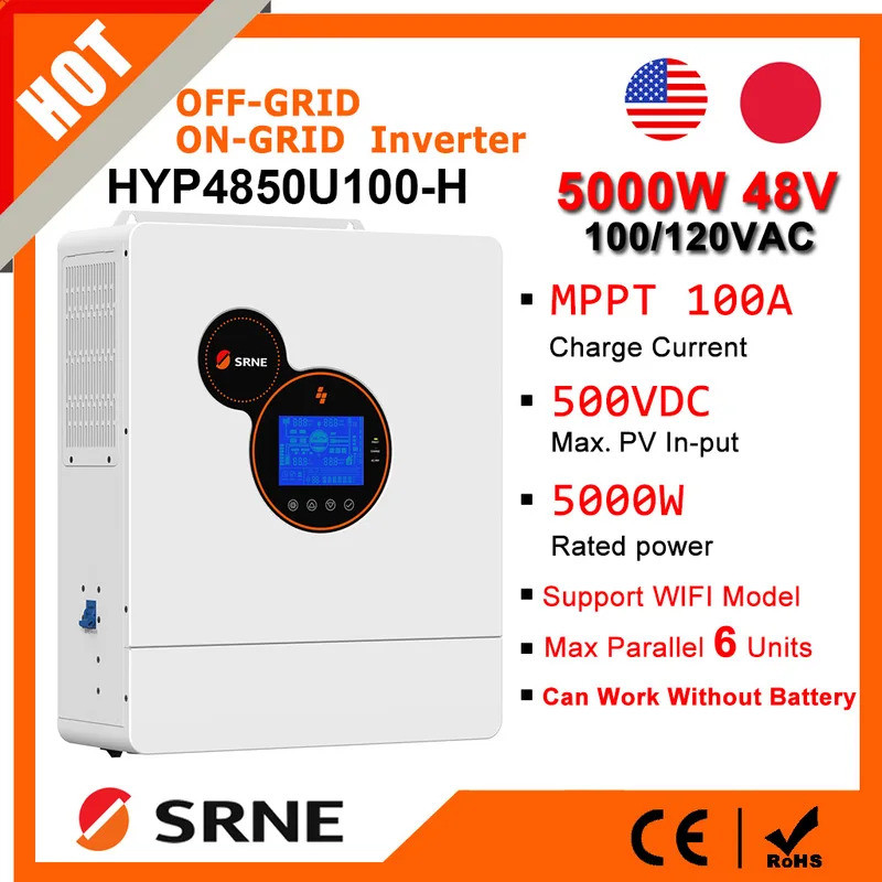 SRNE 5KW Hybrid Solar Inverter 48V to 110VAC Off-grid/On-grid Inverter with Mppt 100A Charger ...