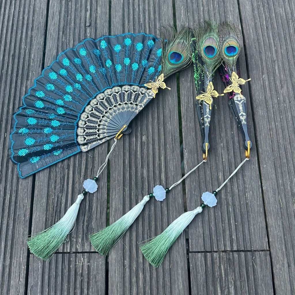 Embroidery Exquisite Peacock Feather Gift Folding Fan Black Rod Sequin ...
