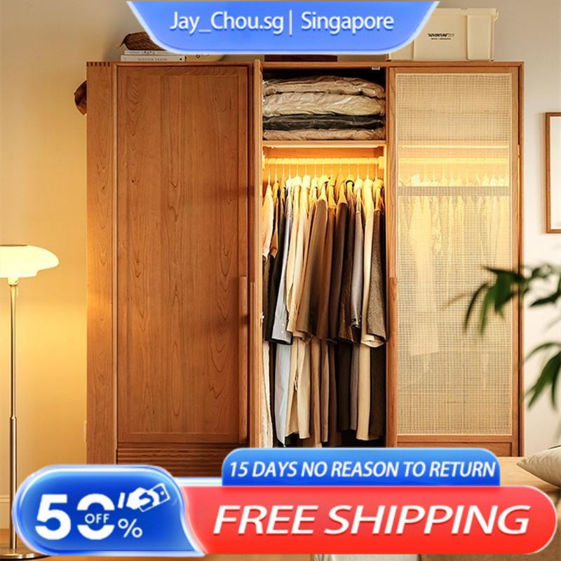 SG⚡Solid Wood Wardrobe Cherry Bedroom Cabinet Large Wardrobe Wicker ...