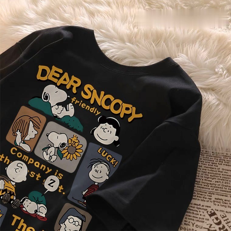 [SiSi Shop] Korean retro cotton Snoopy print black oversized T-shirt ...