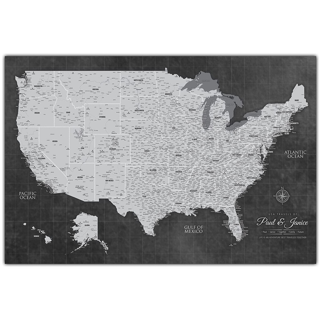 Personalized Grey Canvas United States Map with Push Pins Sizes Us Map ...