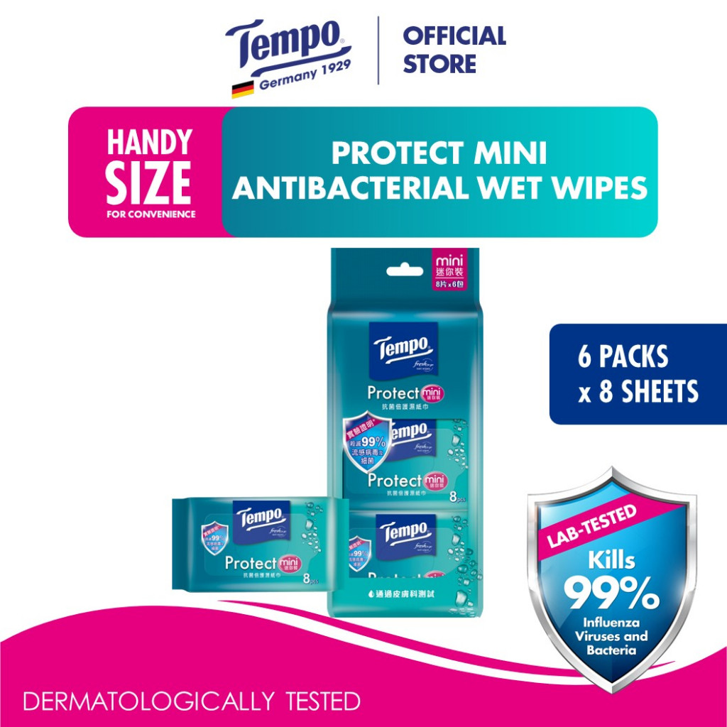[Bundle Of 2/5/8/10] Tempo Wet Wipes Protect Mini Antibacterial (6x8s ...