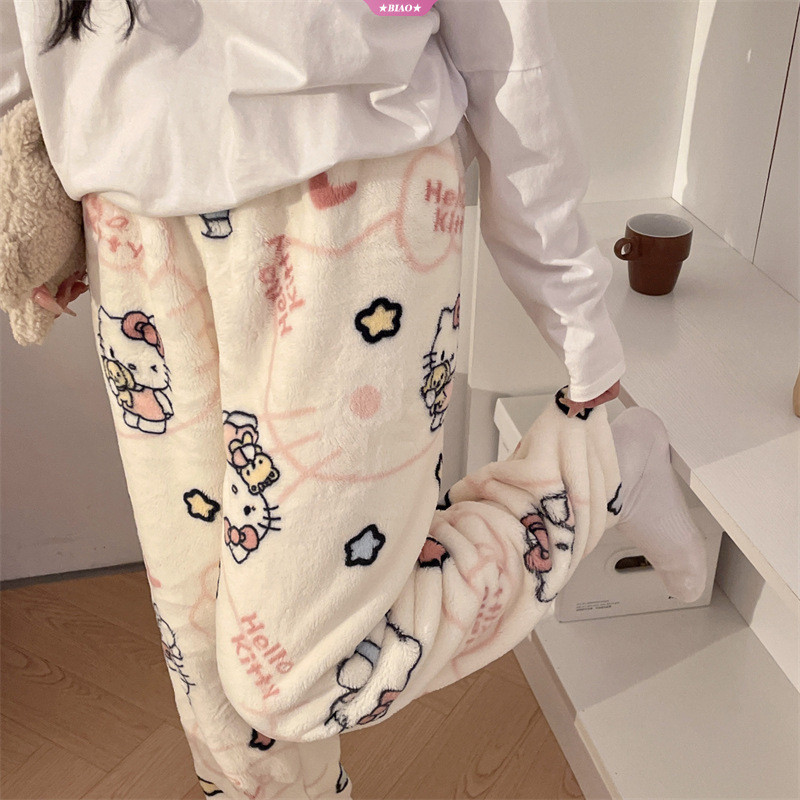 Japanese Anime Hello Kitty Pajamas Pants Warm Fluffy Cartoon Kawaii PJ ...