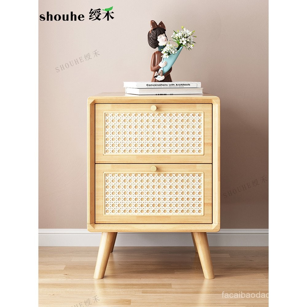 Wabi-Sabi Style Bedside Table All Solid Wood Rattan Weave Natural Wood ...