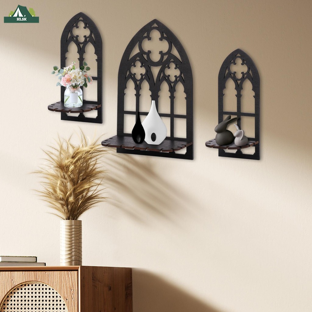 3 Pcs Crystal Display Shelf Gothic Wall Candle Sconces Window Shaped ...