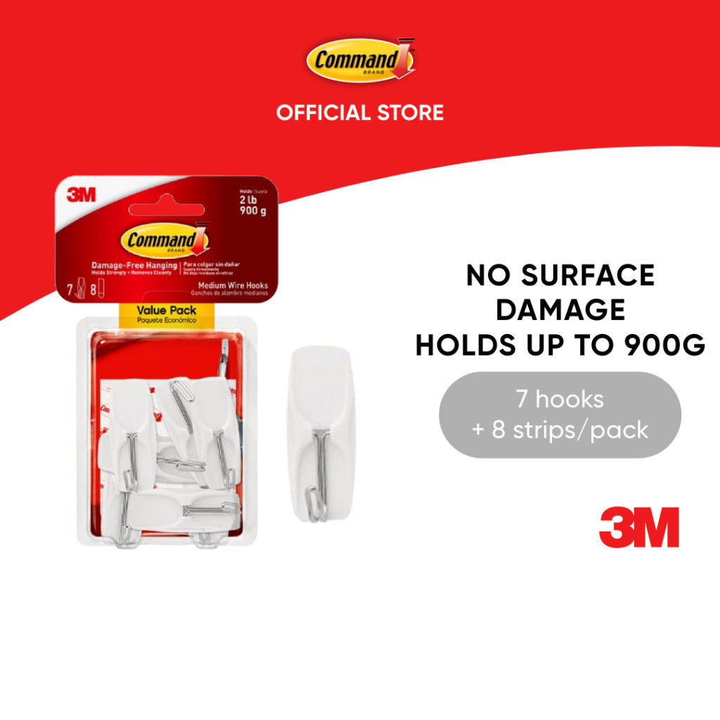3M™ Command™ Medium Wire Hooks, 17065-VPES, No Surface Damage, Holds up to 900g, 7 pcs/pack, For ...