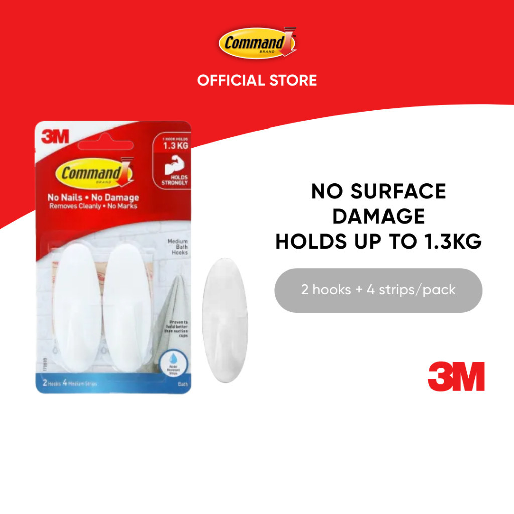 3M™ Command™ Medium Hooks, BATH-18, Water Resistant, No Surface Damage, 2 pcs/pack, For bathroom ...