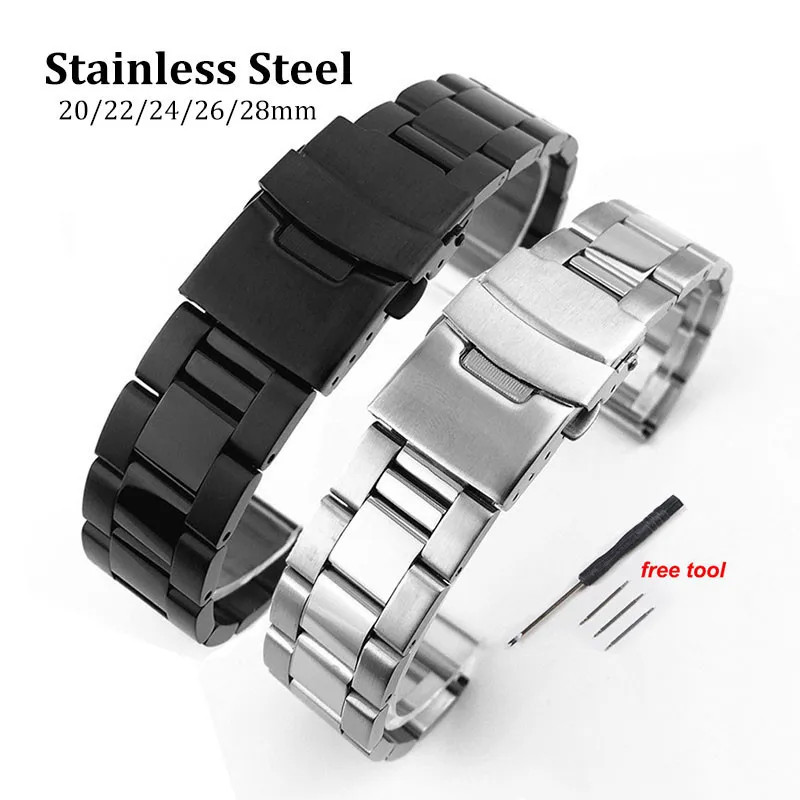 18mm 20mm 22mm 24mm 26mm 28mm Solid Stainless Steel Watch Strap Diving Metal Flat Universal Band ...