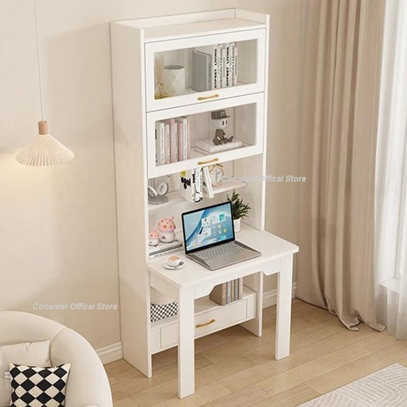 Folding Table With Bookshelf Storage Cabinet Home Study Table Solid ...