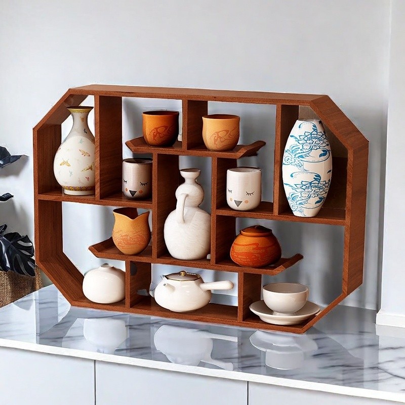 Wall-Mounted Shelf Chinese Style Hanging Wall Rack Tea Set Solid Wood ...