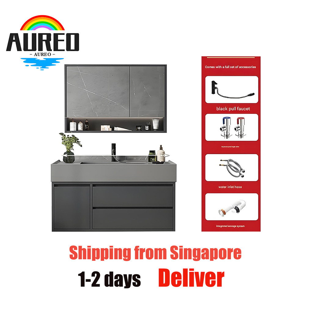 AUREO Light Luxury Rock Slab & Solid Wood Bathroom Cabinet | Nano-Coated All-in-One Sink for ...