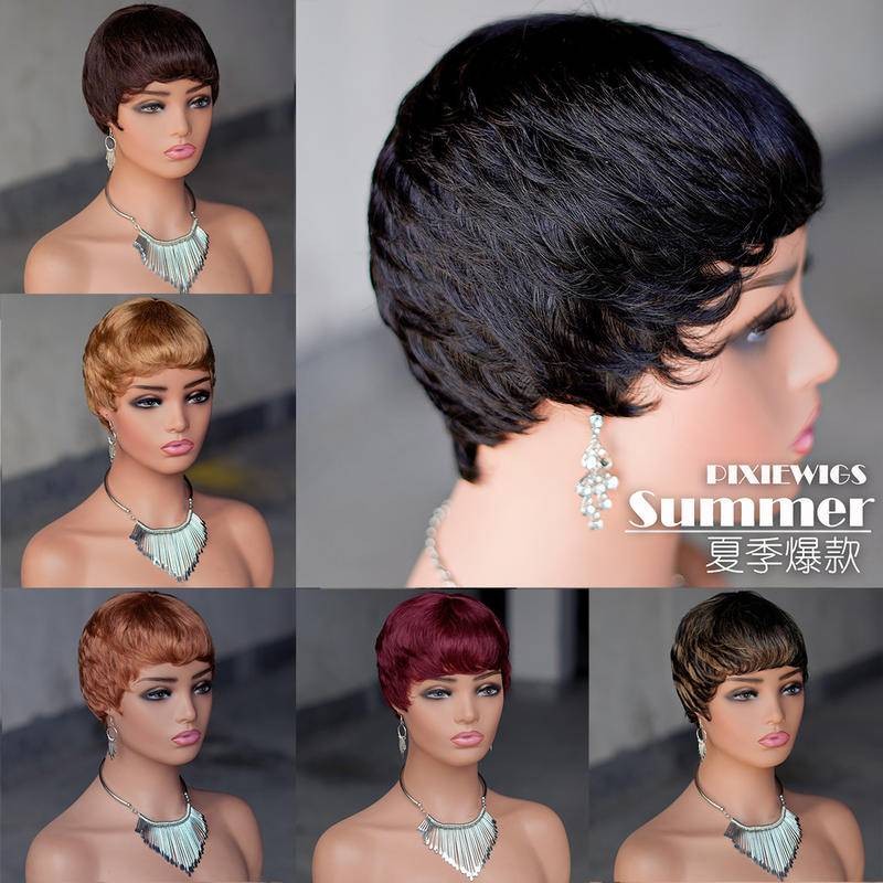 100% Human Hair Short Pixie Cut Wigs Modern Style Full Machine Wig ...