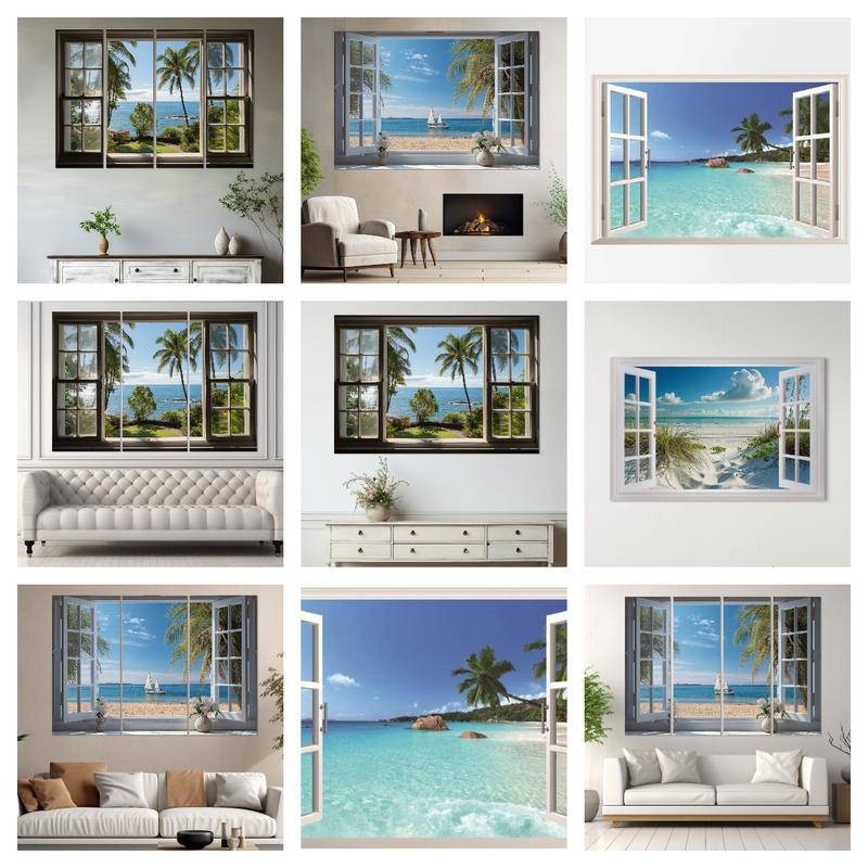 Fake Window View Beach Scenery Wall Sticker Mural Art Decal for Home ...