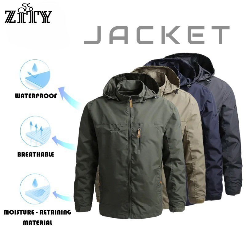 ZITY Men's Outdoor Waterproof Jacket with Leather Zip Hood for Tactical ...