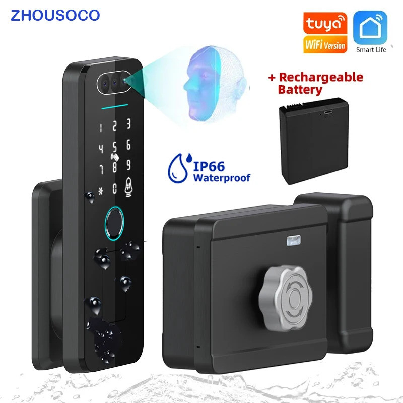 Tuya WiFi 3D Face Recognition Waterproof Fingerprint Smart Door Lock With Rechargeable Battery ...