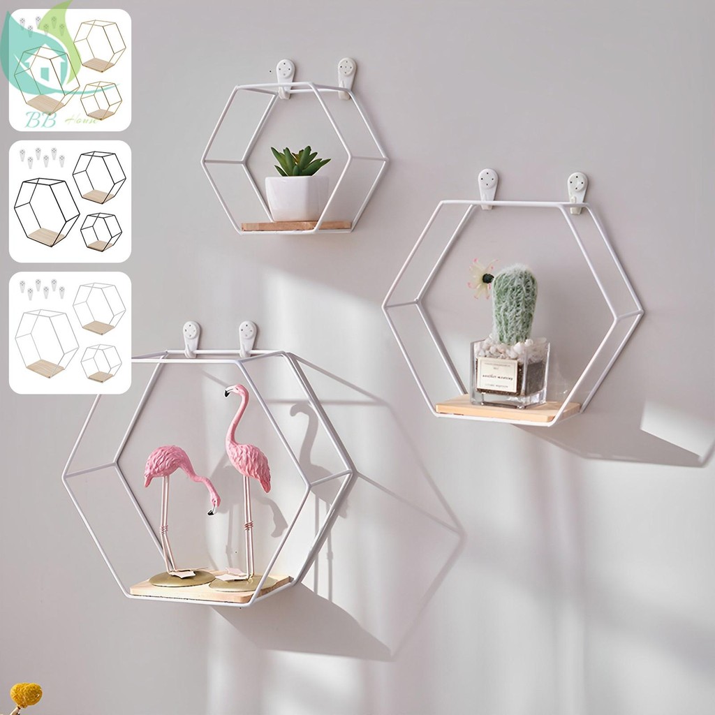 3Pcs Wall Mounted Storage Shelves Hexagon Shape Wall Floating Shelves ...