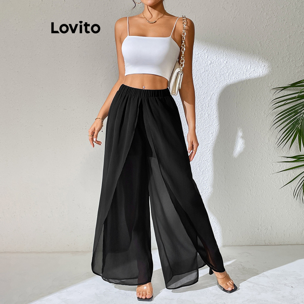 Lovito Boho Plain Double Layer Split Front Pants for Women LBL19470 ...