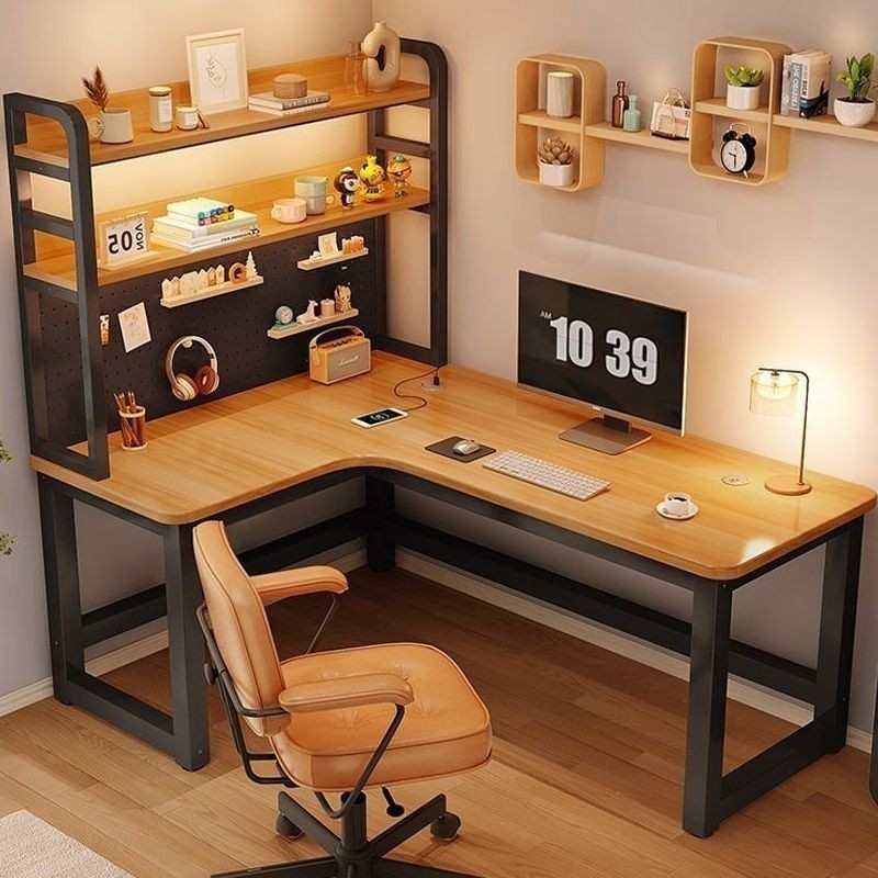 Computer TableCream style white corner computer table, desk, bookshelf ...
