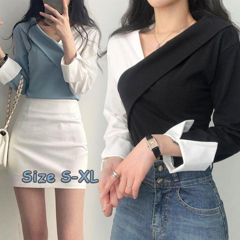 KOKO Women's Asymmetrical Black And White Crossover V-Neck Shirt Off ...