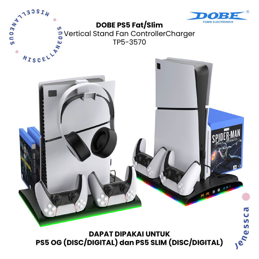 DOBE PS5 Fat/Slim Cooling Fan Docking Station RGB Charger Disc Storage ...