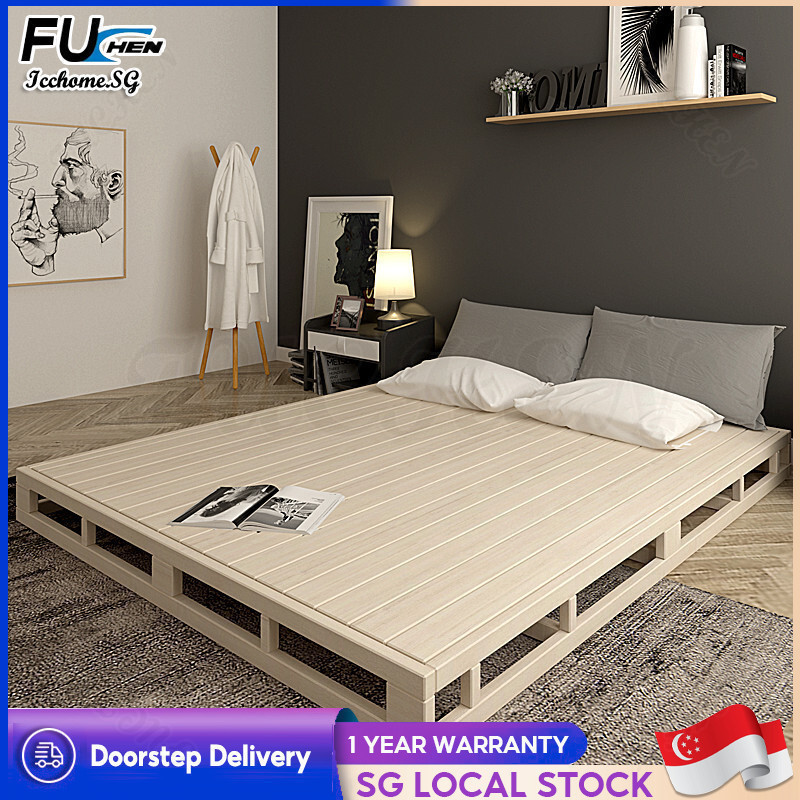 【XH】FUCHEN Small Apartment Bed Frame All Solid Wood Hard Board Bed ...