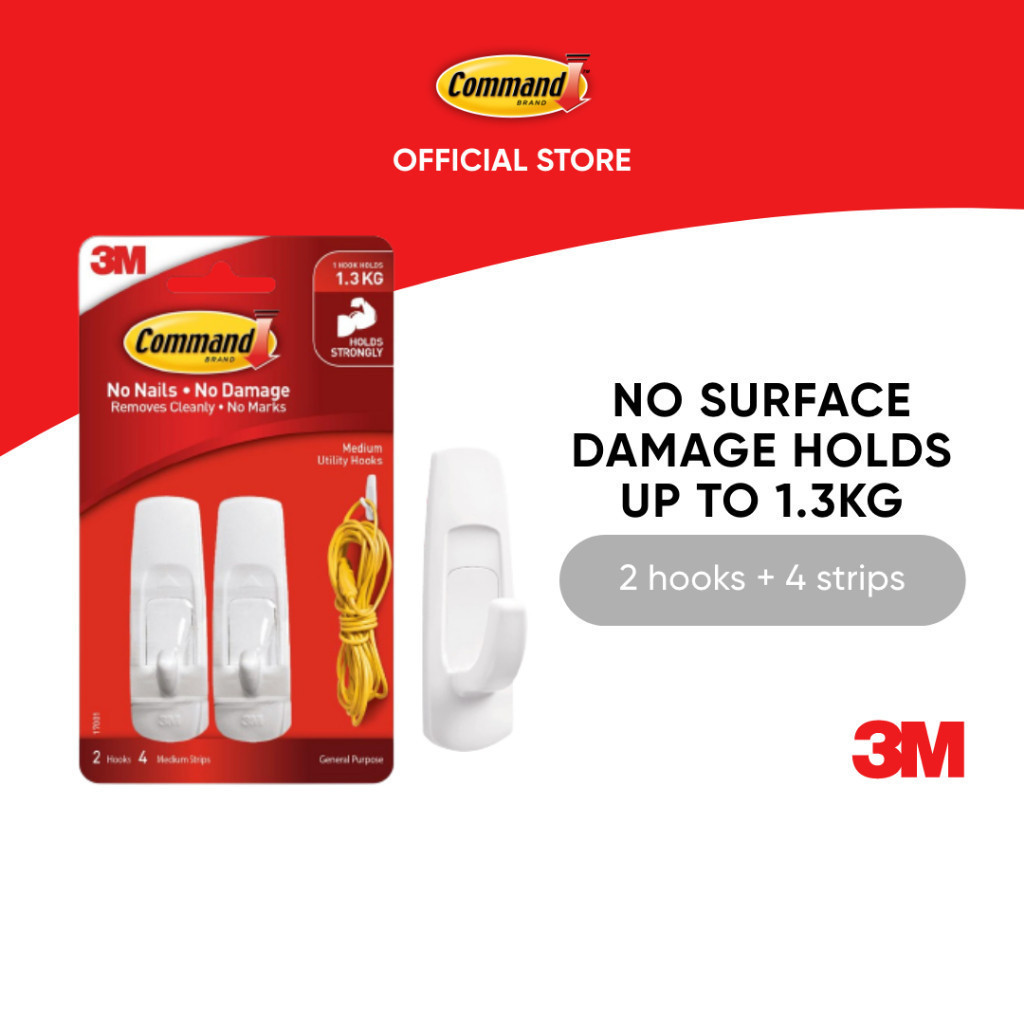 3M™ Command™ Medium Utility Hooks, 17001, No Surface Damage, Holds up ...