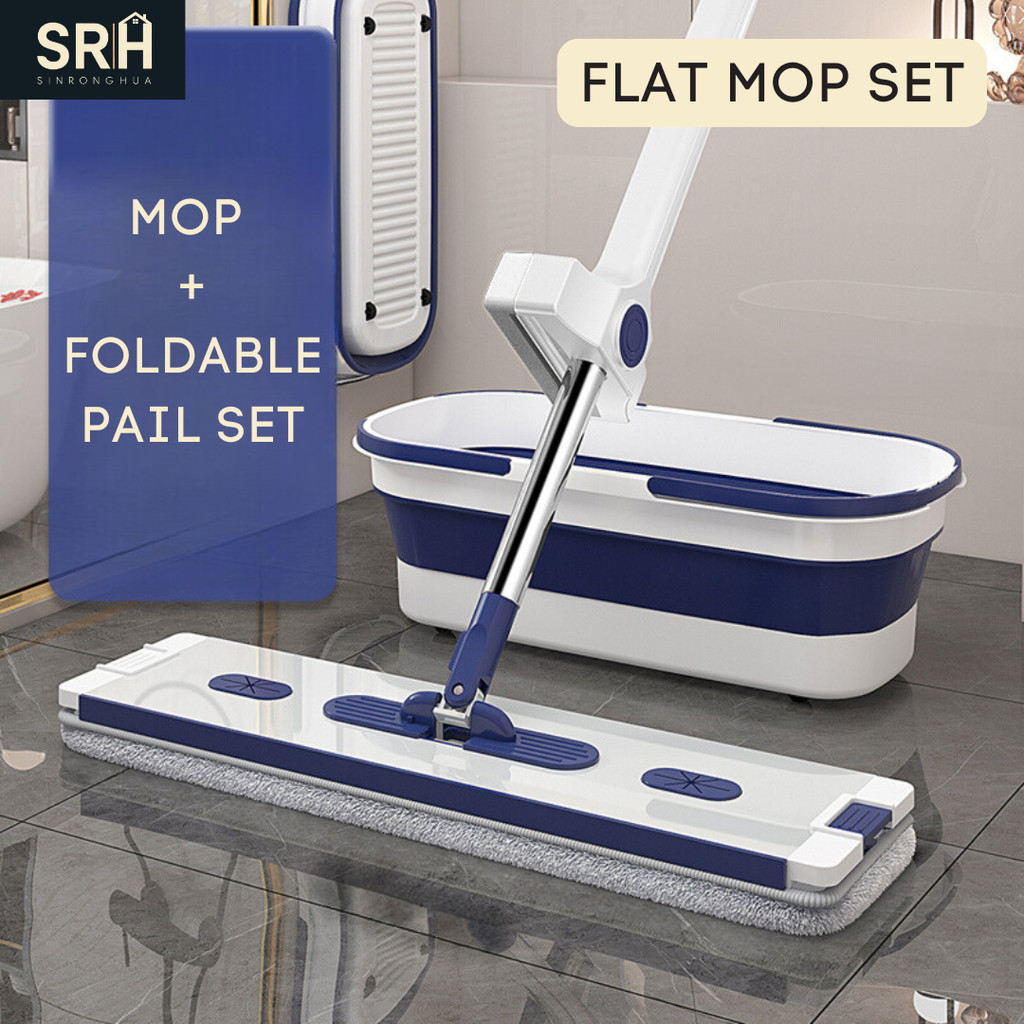 [SG SELLER] Hands-Free Flat Mop With Foldable Bucket Floor Mop Wet Dry ...