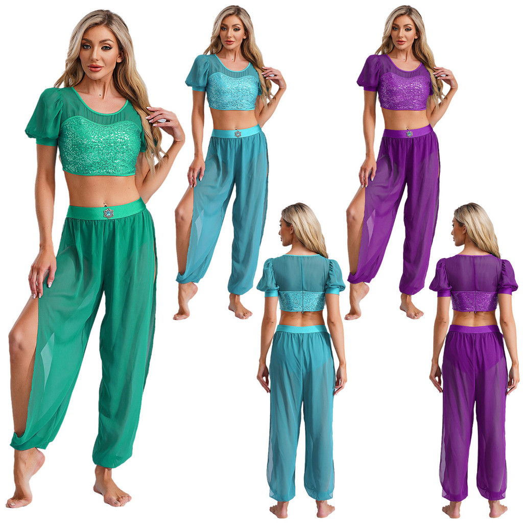 inhzoy Women Arabian Princess Fairy Costume Set Puff Sleeve Crop Top ...