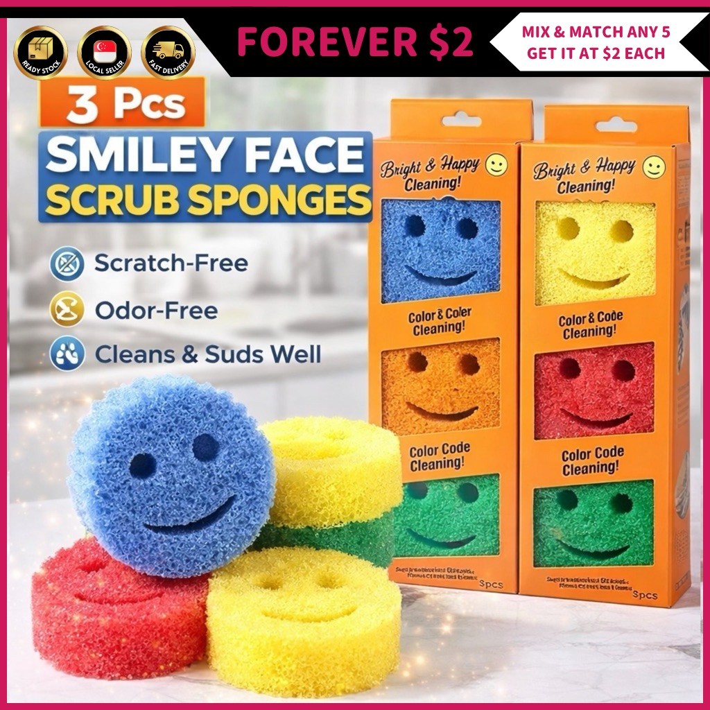 (FOREVER $2) 3PCs Smiley Face Scrub Sponge Premium Quality Versatile ...
