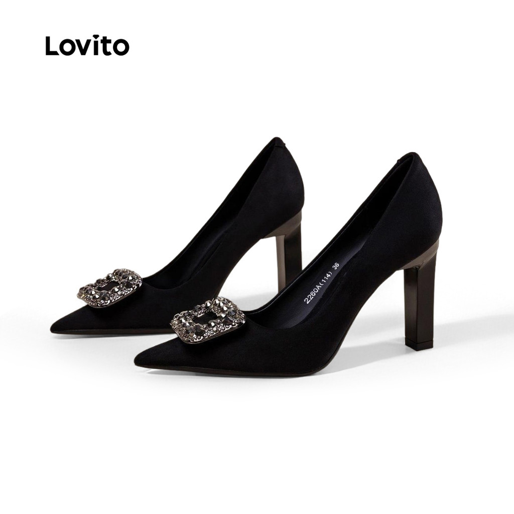Lovito Elegant Plain Flash Diamond Versatile Commute Pointed Block Heel ...