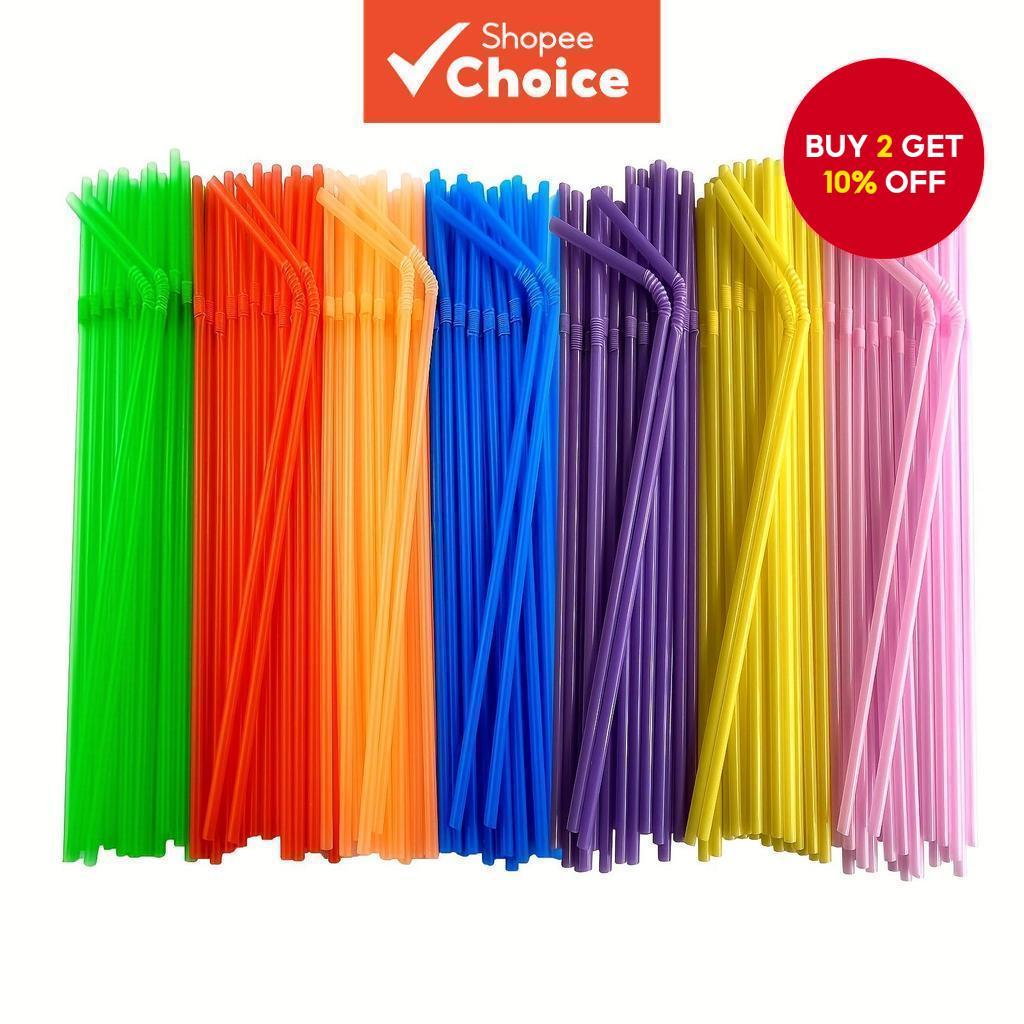 100/500pcs Flexible Plastic Straws Red Orange Yellow Green Pink Blue ...