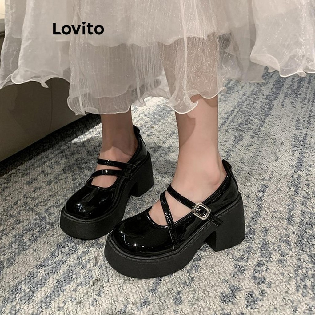 (Trendy) Lovito Elegant Plain Round Head Retro High Heels Mary Jane ...