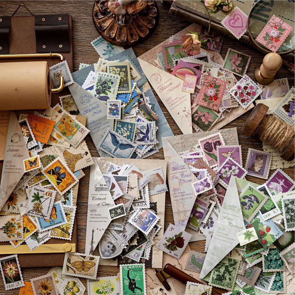 100 stickers, stamps, collectors, vintage creative materials, DIY photo ...