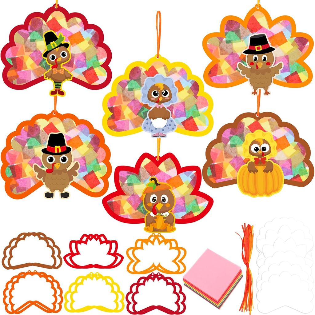 Ceiba Tree 24Pcs Thanksgiving Suncatcher Crafts for Kids Turkey Fall ...