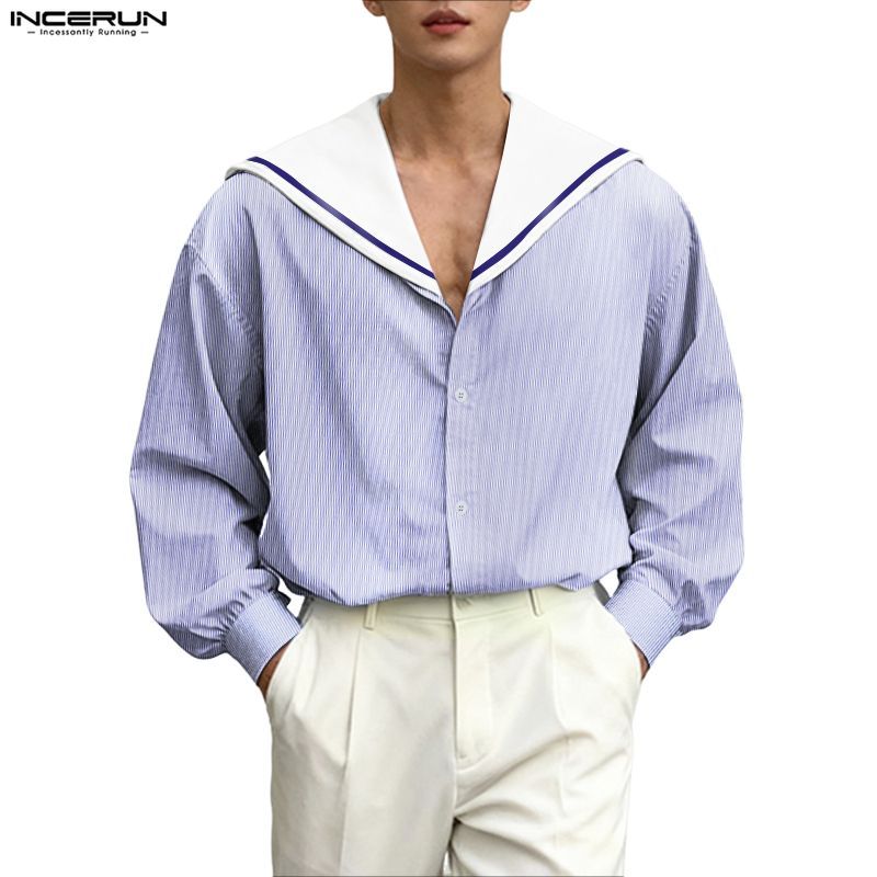 INCERUN Men Korean Handsome Navy Collar Long Sleeve Stripe Splicing ...