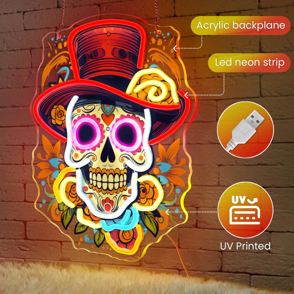 Day of the Dead Neon Sign - Mexican Sugar Skull LED Neon Light for Home ...