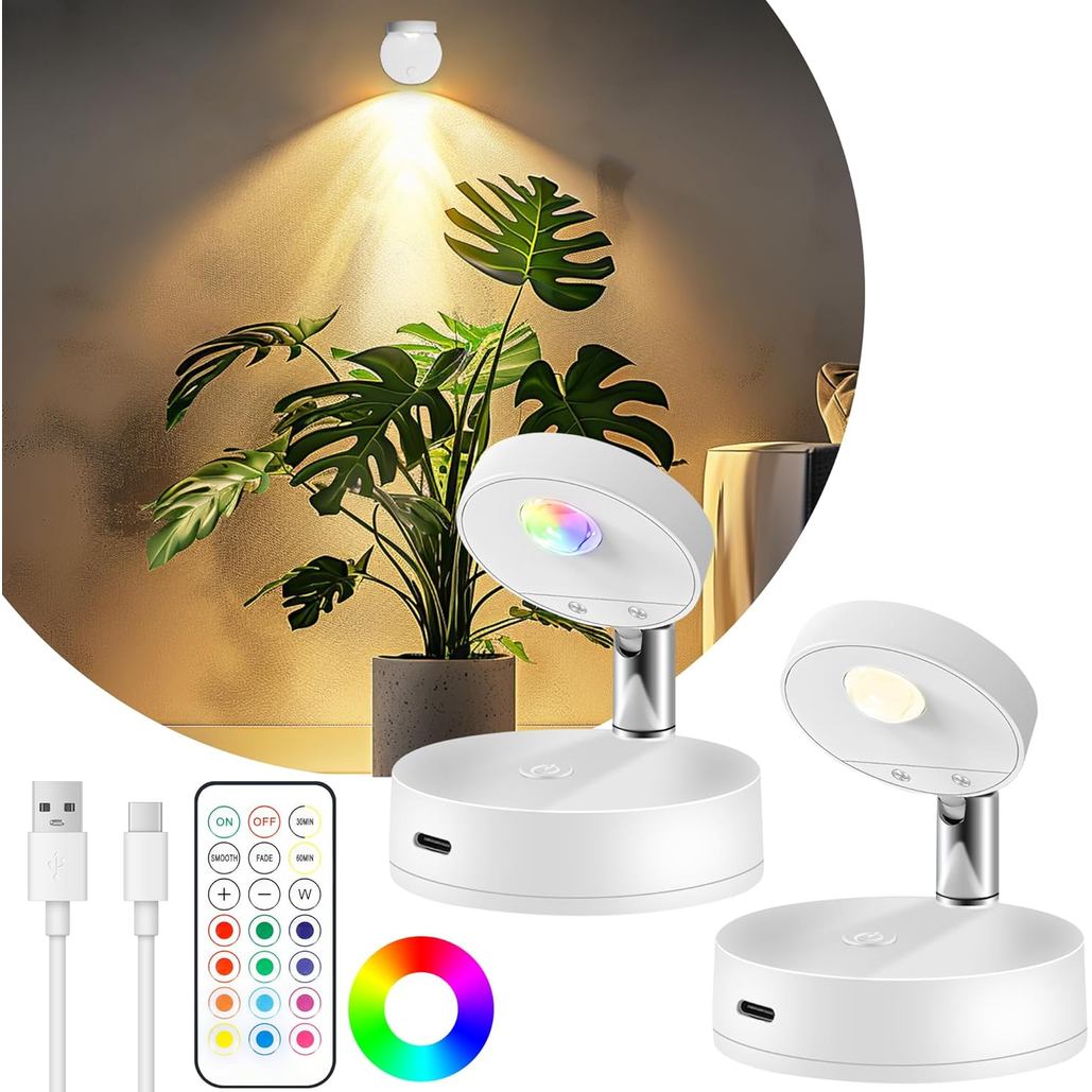 2 Pack Rechargeable LED Spotlight for Indoor, Wireless RGB Spot Light ...