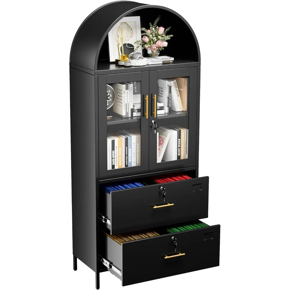 73''h Metal Arch File Cabinet, Black Arched Bookcase With Locking Glass ...
