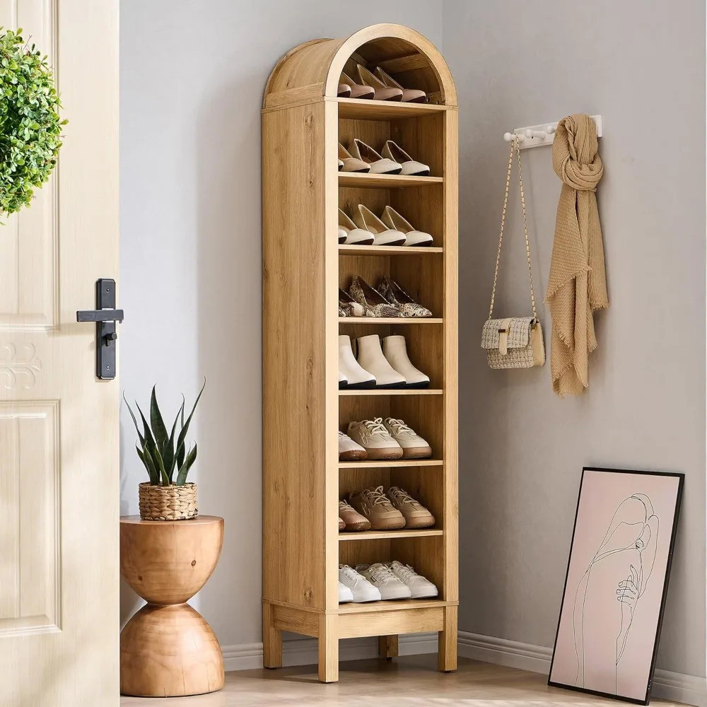 71" Tall Arched Shoe Storage Cabinet, 8 Tiers 16 Pairs Wooden Shoe Rack ...