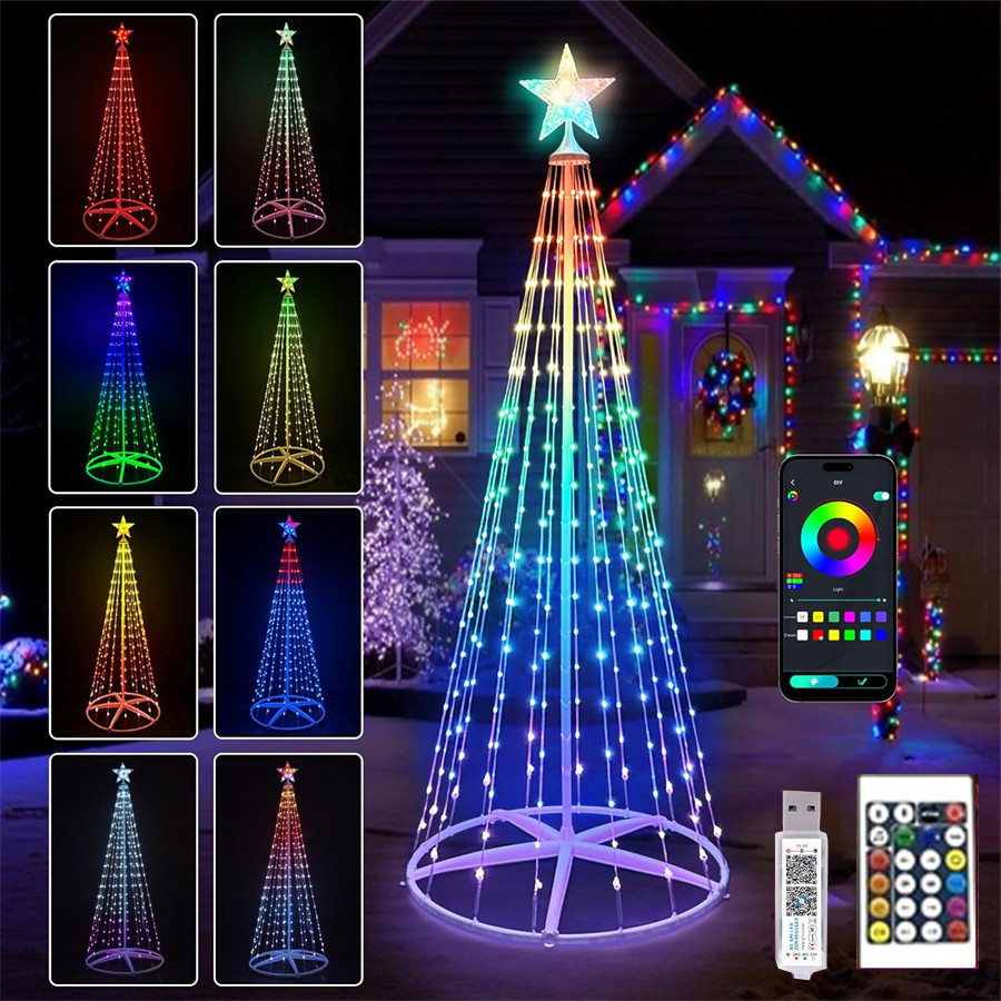 6FT 8FT LED Smart APP Control Christmas Cone Tree Light Outdoor Lighted ...