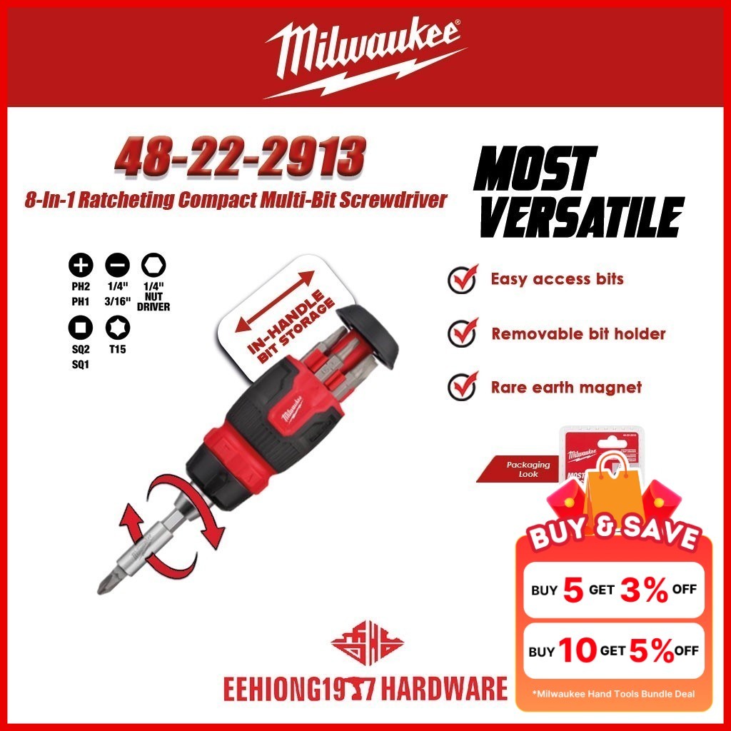MILWAUKEE 48-22-2913 8-in-1 Ratcheting Compact Multi-Bit Screwdriver In ...
