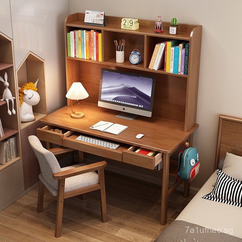 Modern Simple Solid Wood Desk with Bookshelf, Integrated Desk with ...